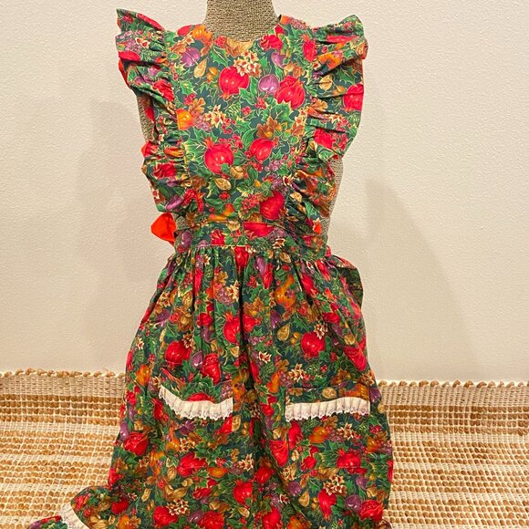Dresses | Vintage Red Green Boho Maxi Apron Pomegranate Print Handmade ...